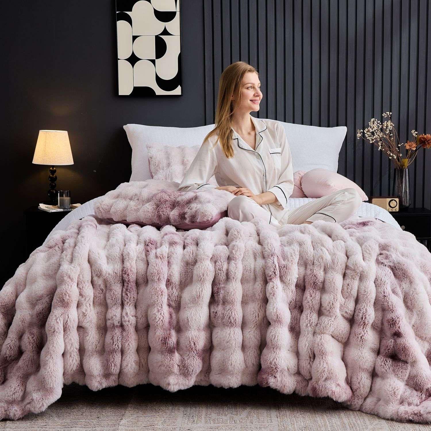 Fluffy Faux Fur 3-Piece Comforter Set - Tie-Dye Plush Bedding - Wonderful