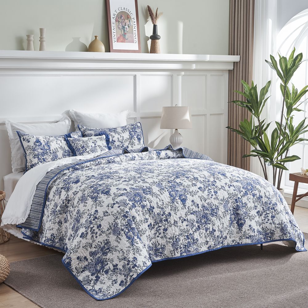 Wonderful® Classic Blue Printed Floral Cotton Quilt - 5pc