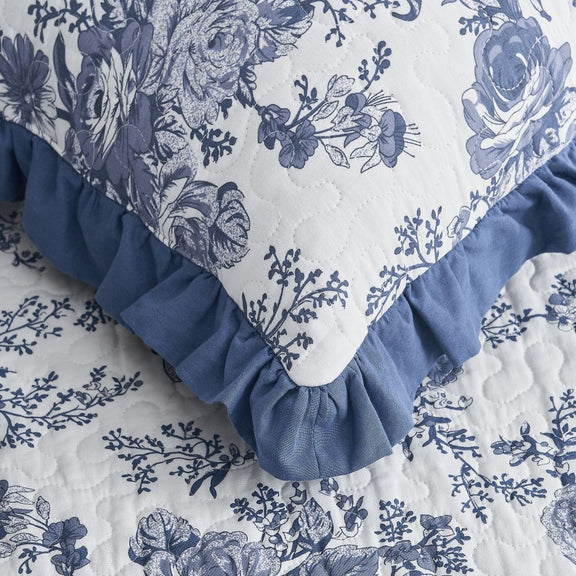 Classic Blue Printed Floral 5-Piece Cotton Quilt Set - Wonderful®